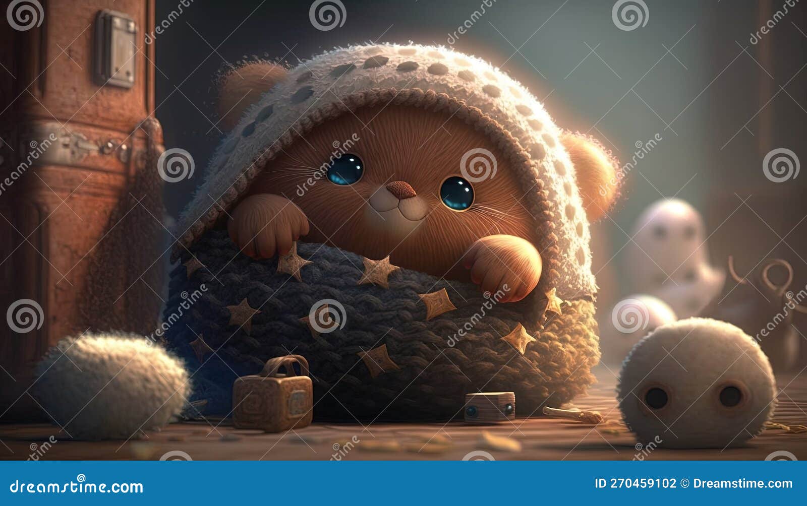 A Teddy Bear in a Blanket Surrounded by Other Stuffed Animals. Stock ...