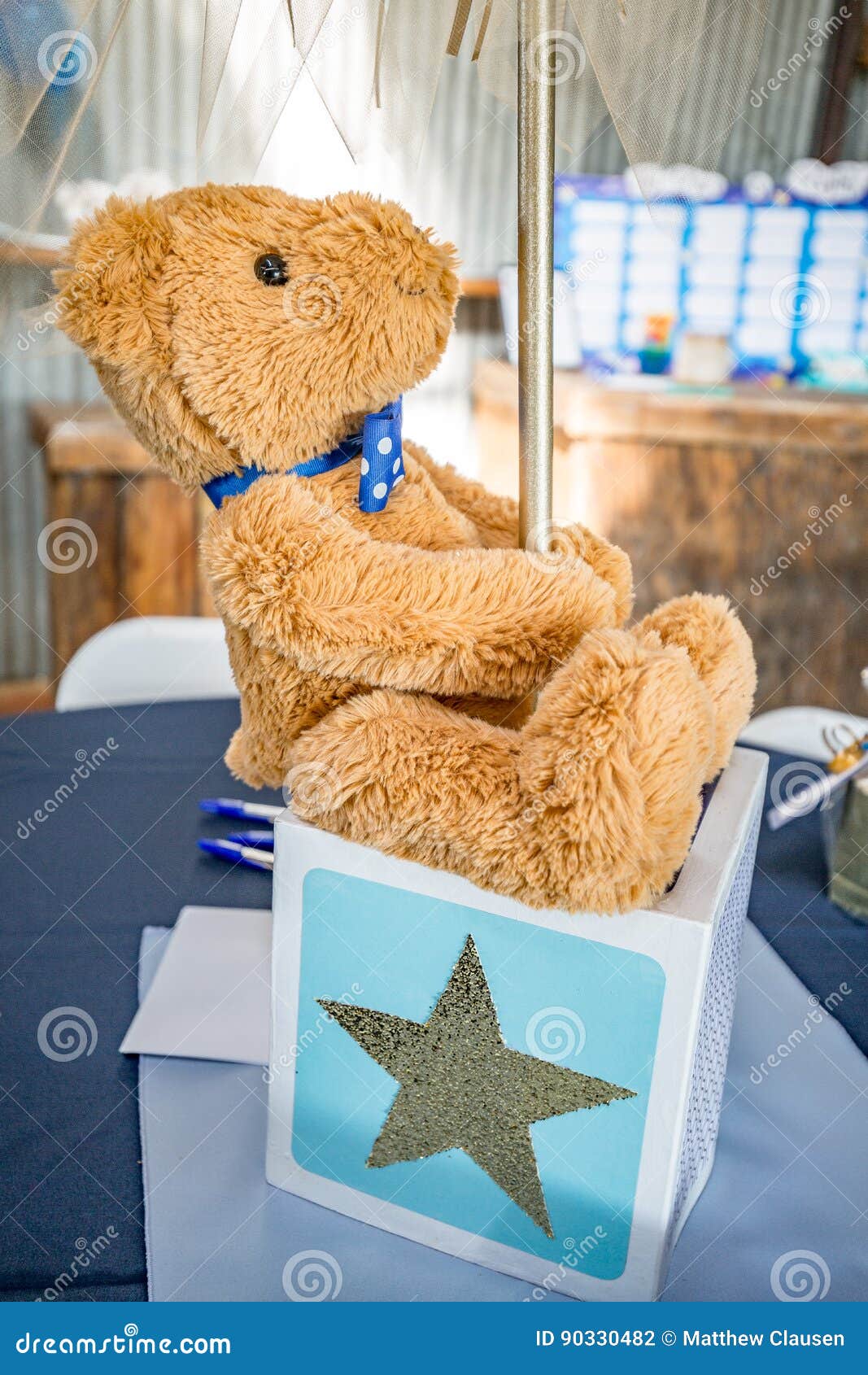 Teddy Bear with Blue Ribbon Stock Photo - Image of confetti, boys: 90330482