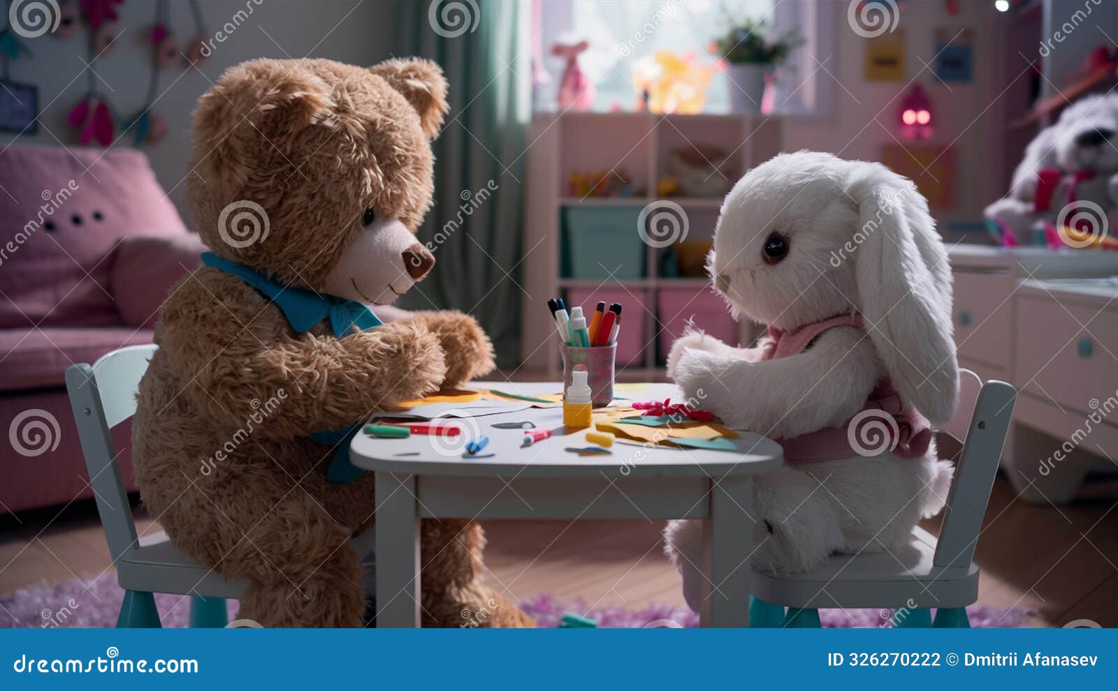 Teddy Bear and Bunny Crafting Together at a Table Stock Illustration ...