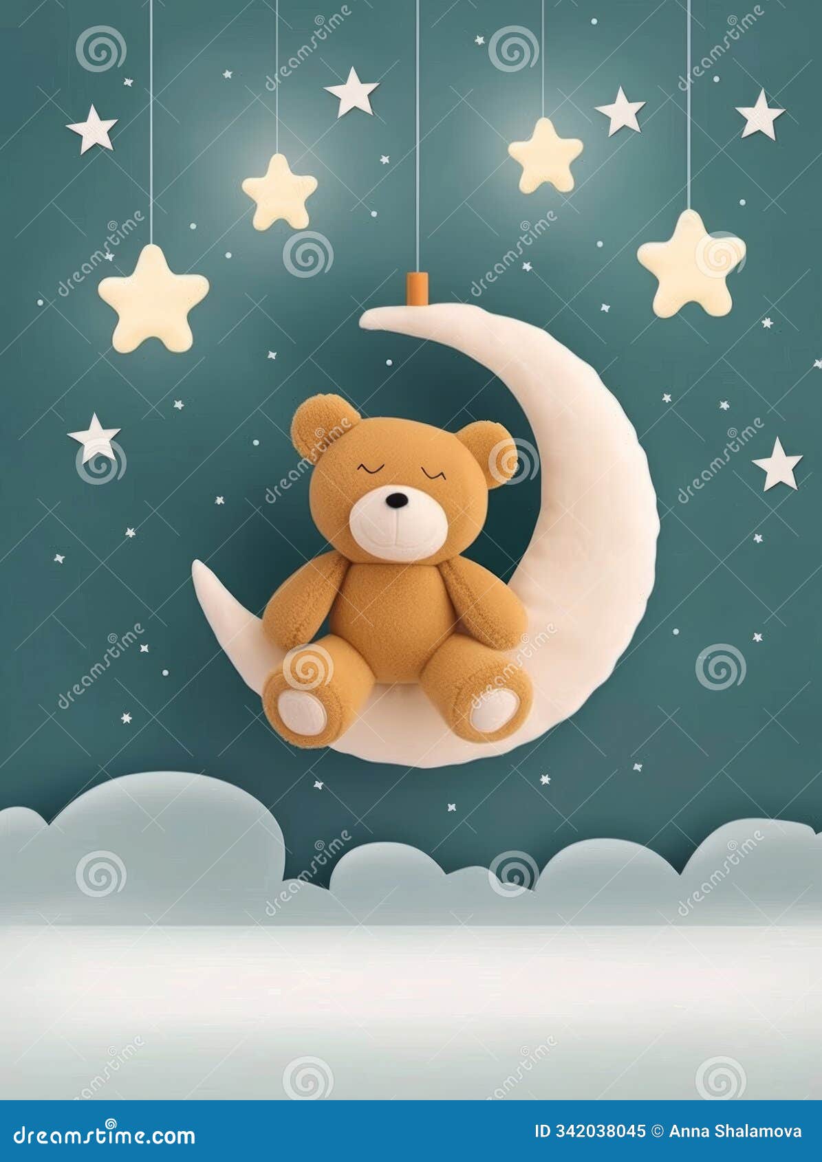 Teddy Bear on Crescent Moon with Glowing Stars and Clouds Wallpaper ...