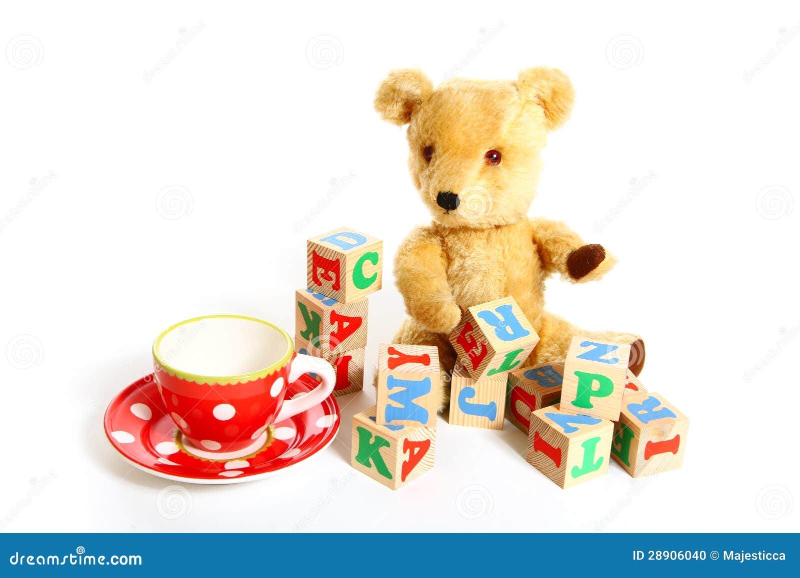 Teddy Bear, Cup, Plate and Box of Bricks Isolated on White Stock Photo ...