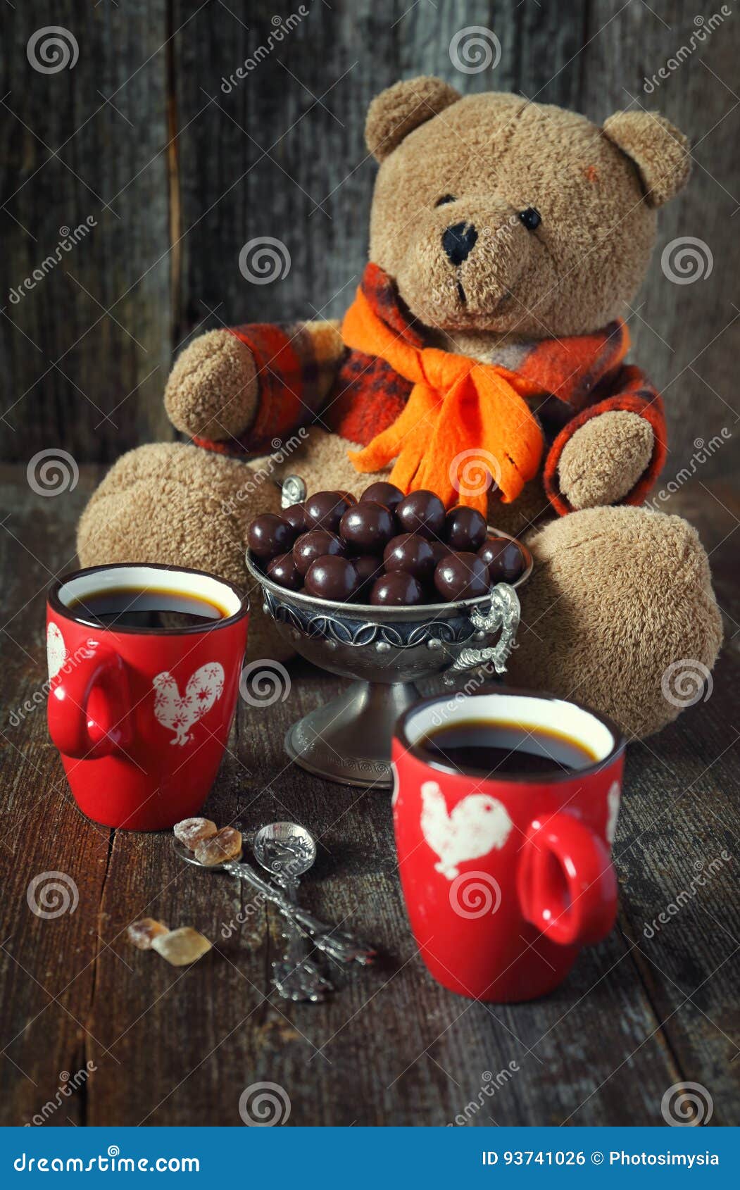 Teddy Bear, Cups of Coffee and Chocolate Drops Stock Photo - Image of ...