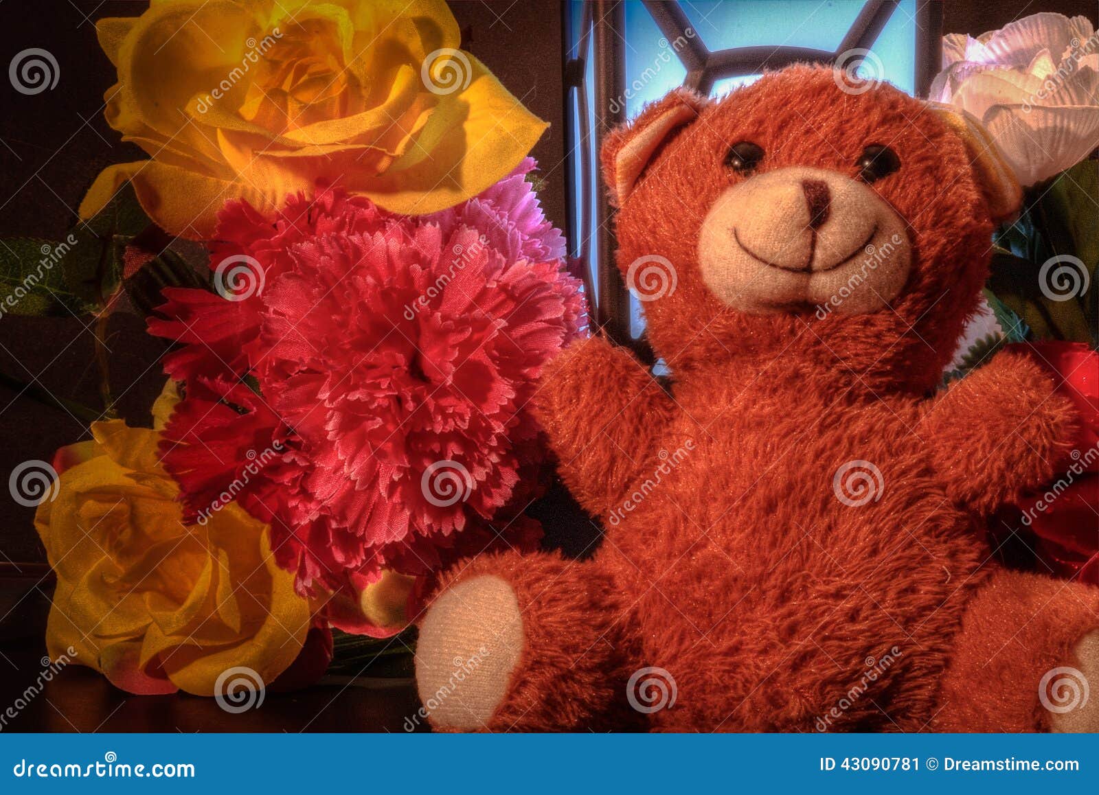 Teddy Bear with Flowers and Light. Stock Image - Image of teddy, light ...