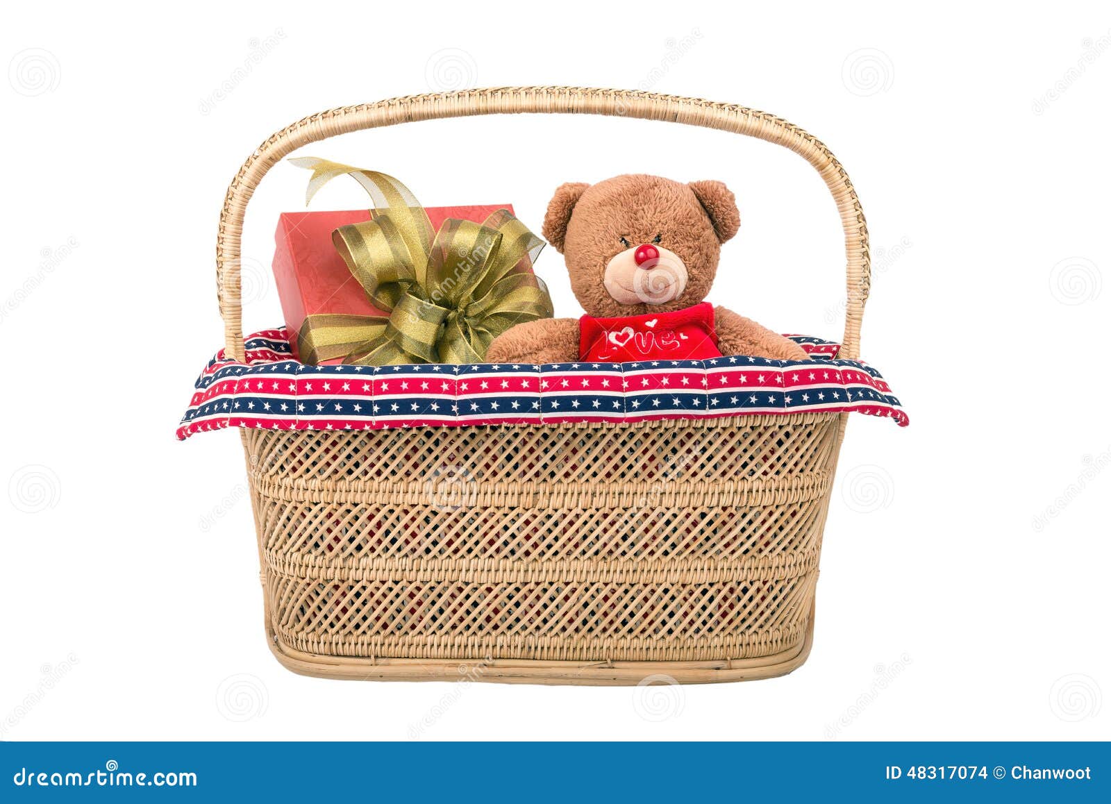 Teddy Bear with Gift Box in Basket. Stock Photo - Image of christmas ...