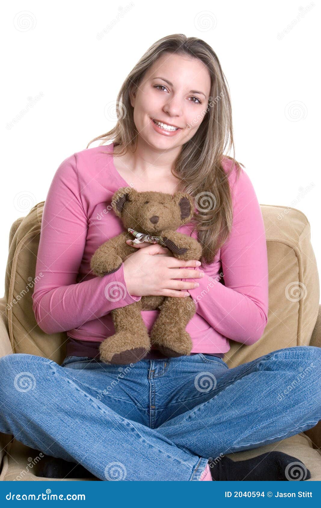Teddy Bear Girl stock photo. Image of hugging, sofa, woman - 2040594