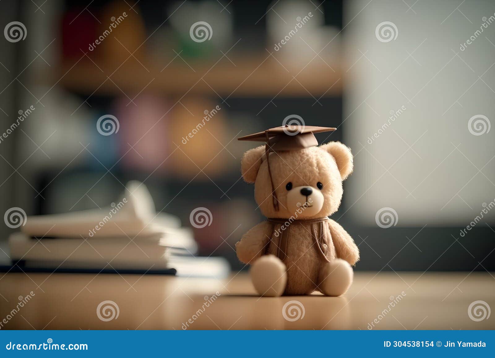 Teddy Bear with Graduation Cap and Books on Desk, Education Concept ...