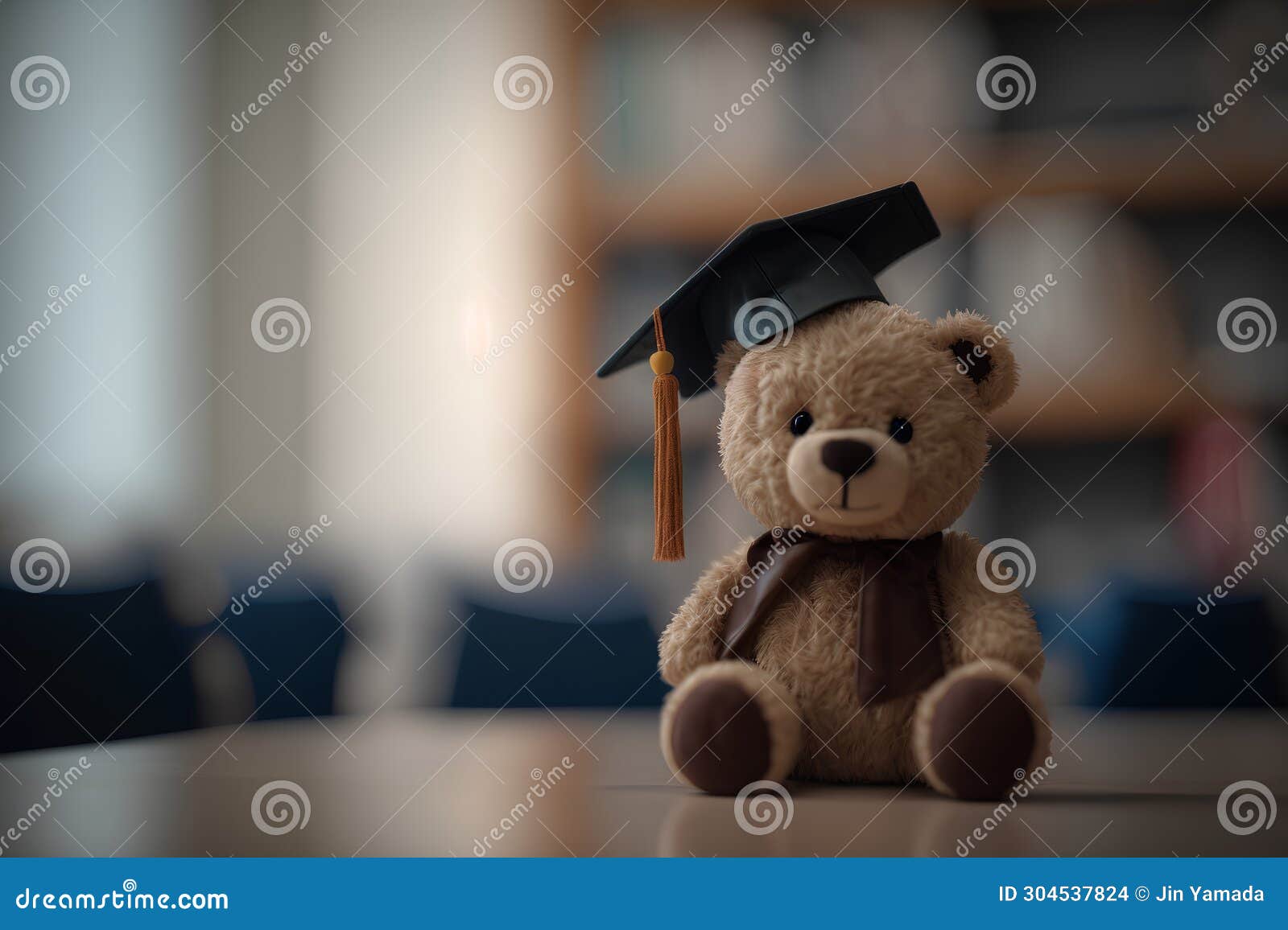Teddy Bear with Graduation Cap and Diploma Sitting on Table in ...