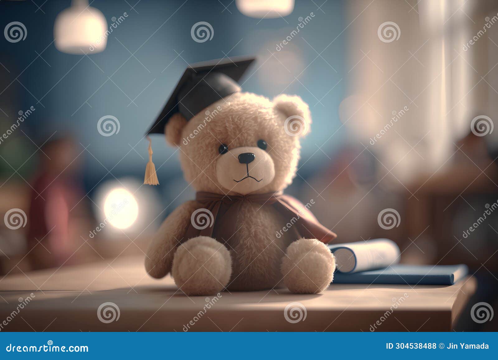 Teddy Bear with Graduation Cap and Diploma on Table in Classroom ...