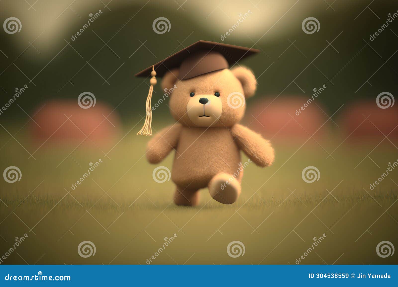 Teddy Bear with Graduation Cap on Green Grass, 3d Render Stock ...