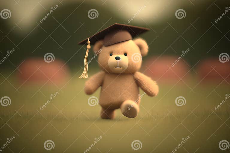 Teddy Bear with Graduation Cap on Green Grass, 3d Render Stock ...