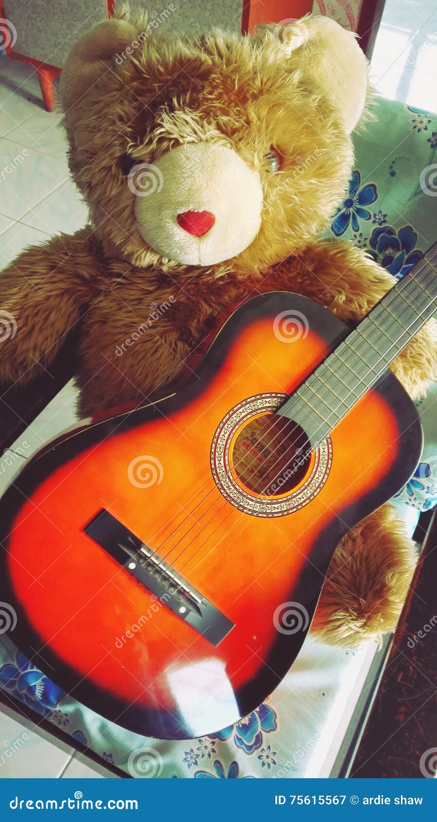 Teddy bear with guitar stock image. Image of bear, kidding - 75615567