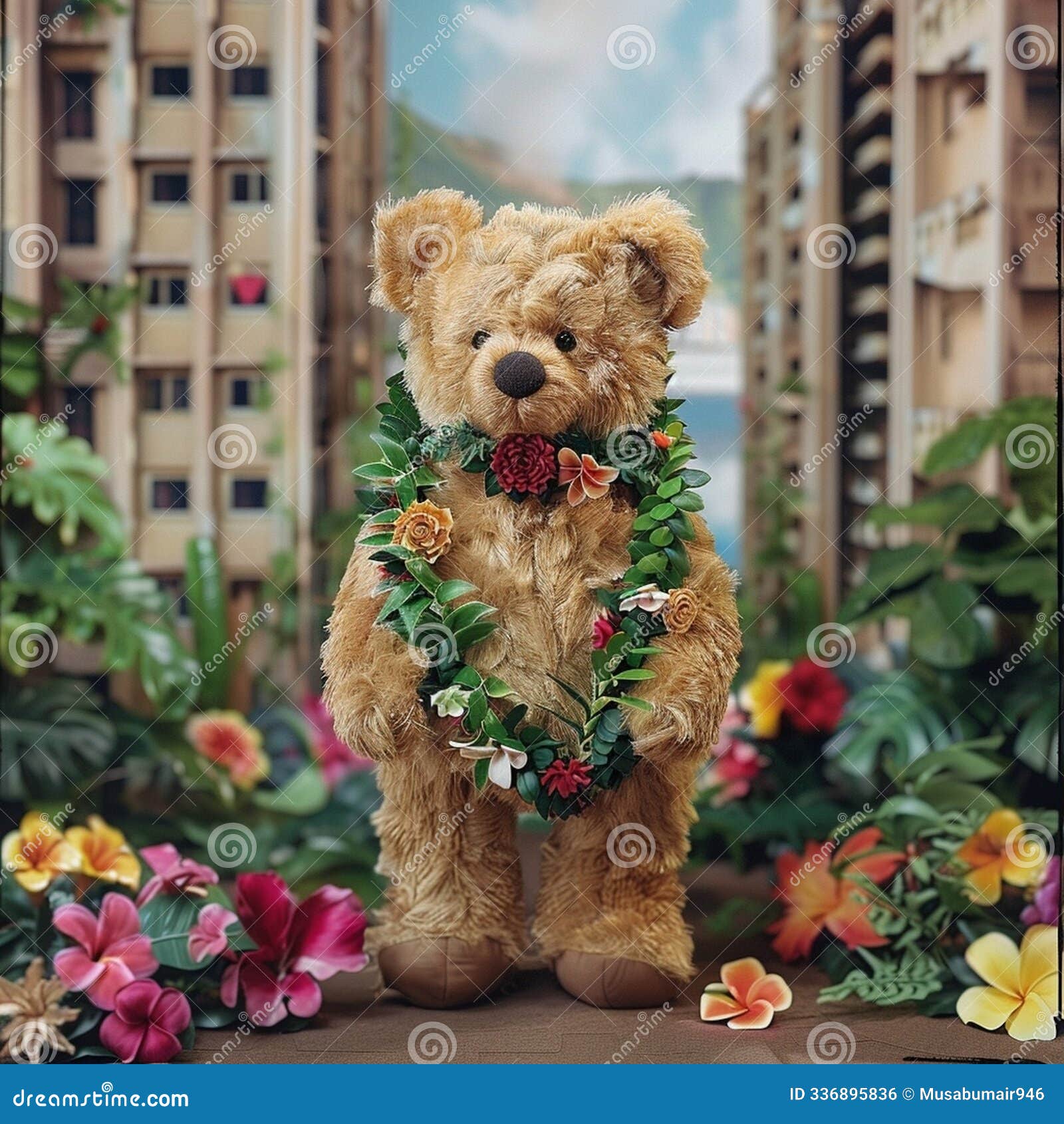 Teddy Bear in Hawaiian Attire by City Skyline Stock Photo - Image of ...