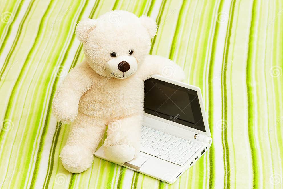 Teddy bear with a laptop. stock image. Image of modern - 81349781