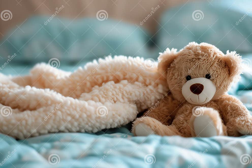 A Teddy Bear is Sitting on a Bed with a Blanket Stock Illustration ...