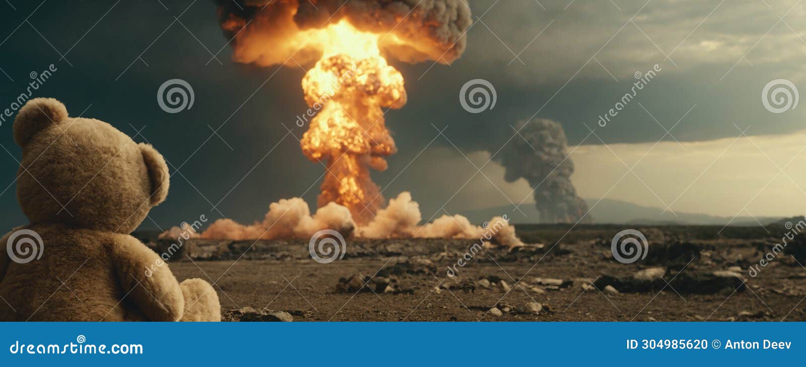 Teddy Bear Sitting on the Ground in Front of a Big Explosion during the ...