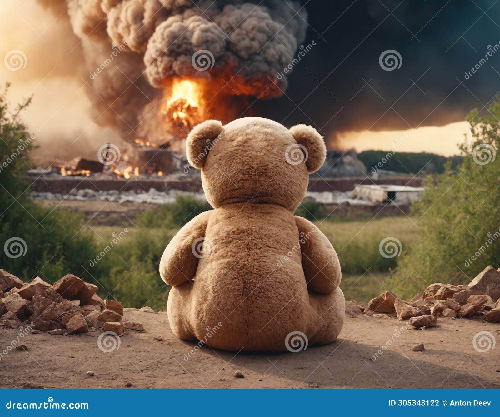 Teddy Bear Sitting on the Ground in Front of a Big Explosion during the ...