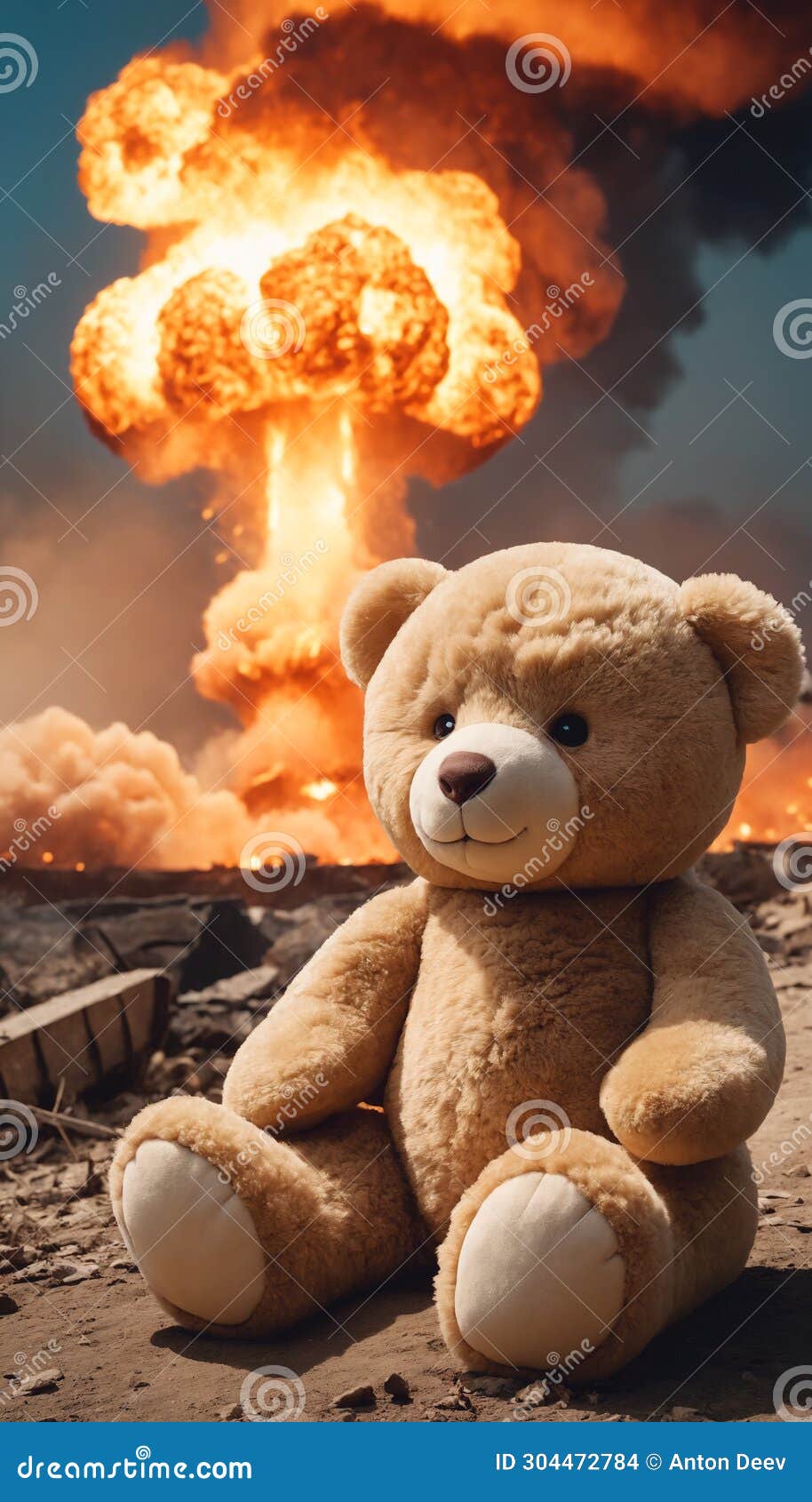 Teddy Bear Sitting on the Ground in Front of a Big Explosion during the ...