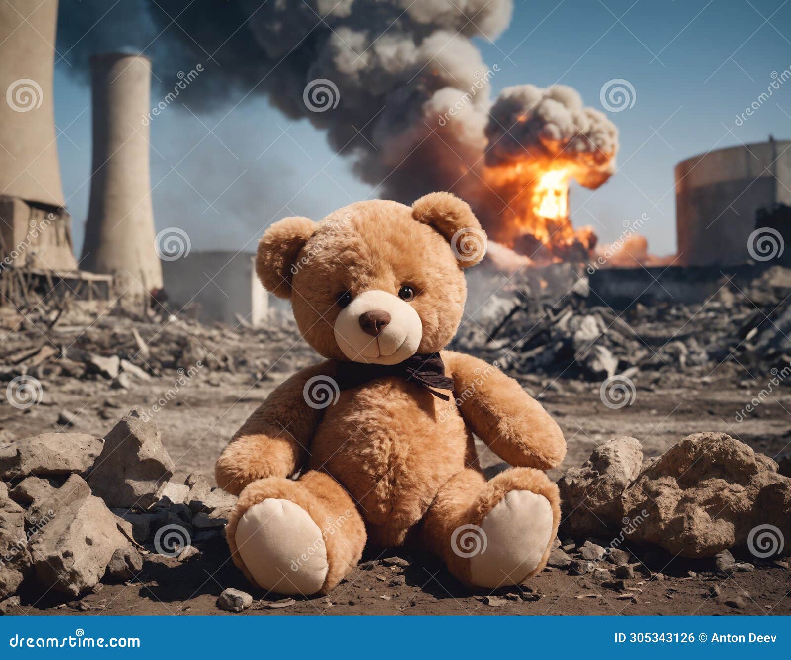 Teddy Bear Sitting on the Ground in Front of a Big Explosion during the ...