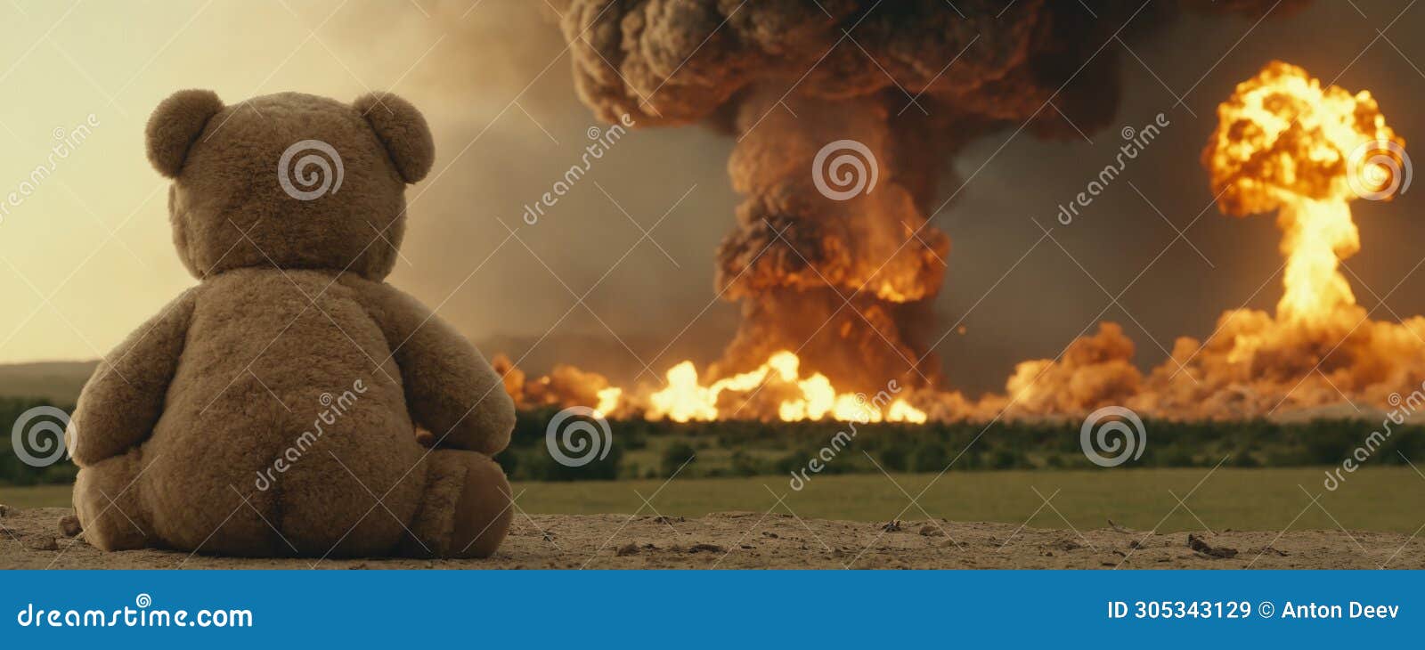 Teddy Bear Sitting on the Ground in Front of a Big Explosion during the ...