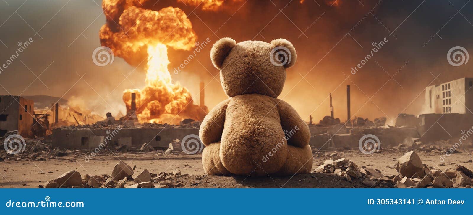 Teddy Bear Sitting on the Ground in Front of a Big Explosion during the ...