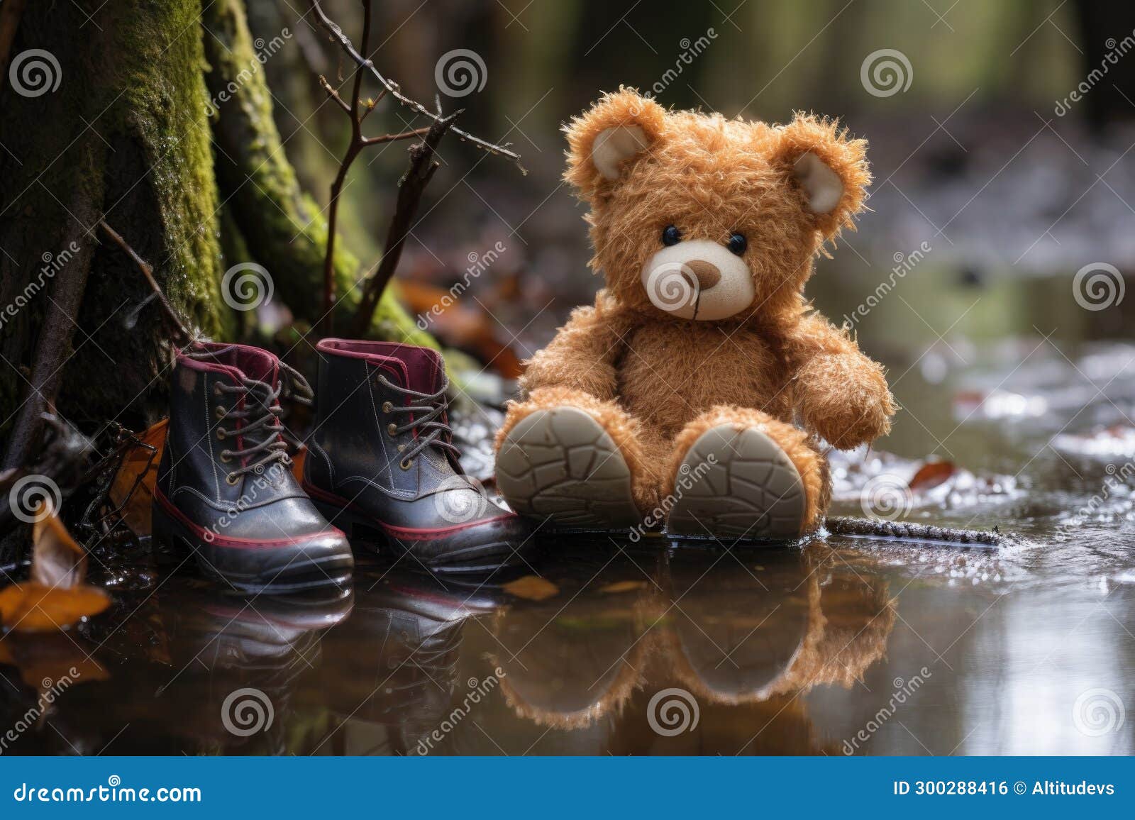 Teddy Bear Sitting Inside a Pair of Childrens Rubber Boots in a Puddle ...