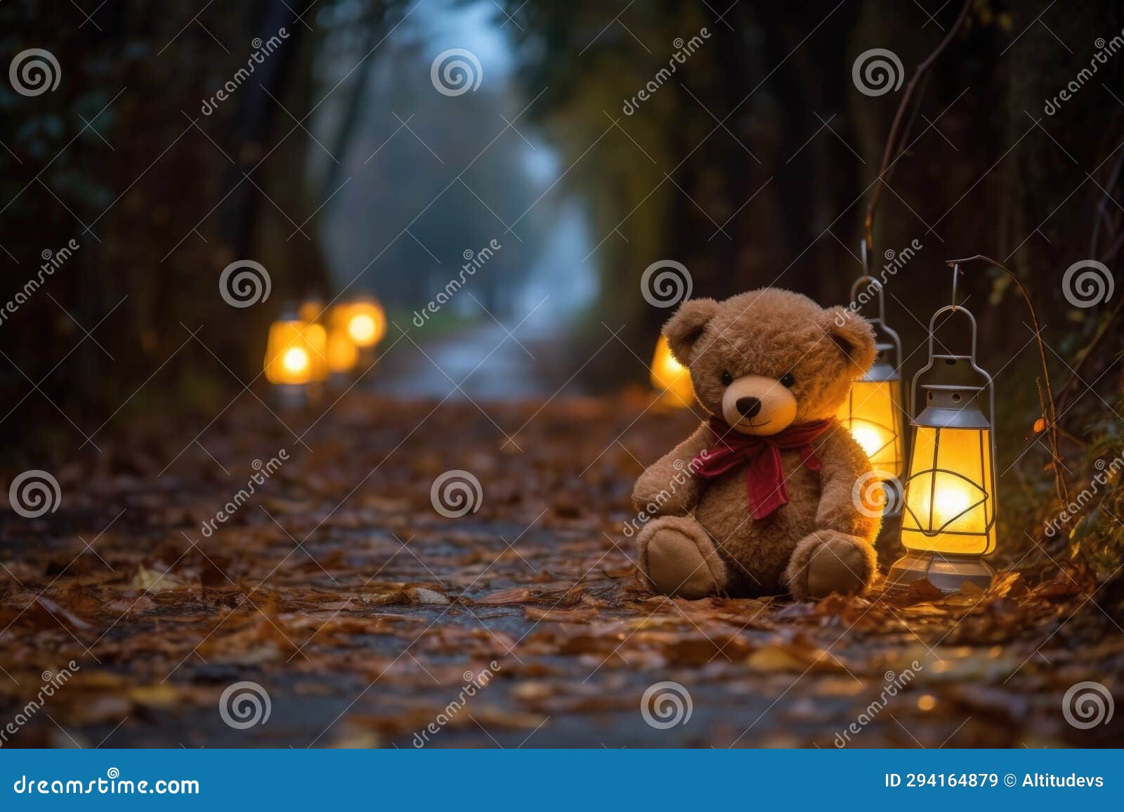 Teddy Bear Sitting on a Path with Park Lanterns in the Background Stock ...