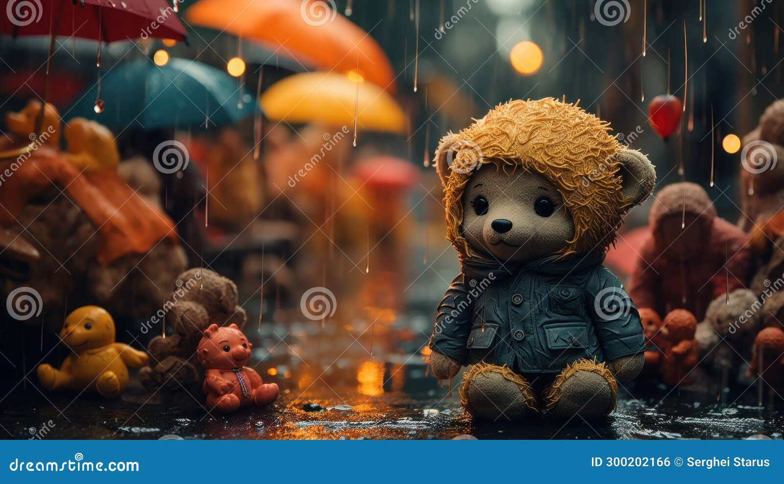 A Teddy Bear Sitting in the Rain with a Bunch of Stuffed Animals, AI ...