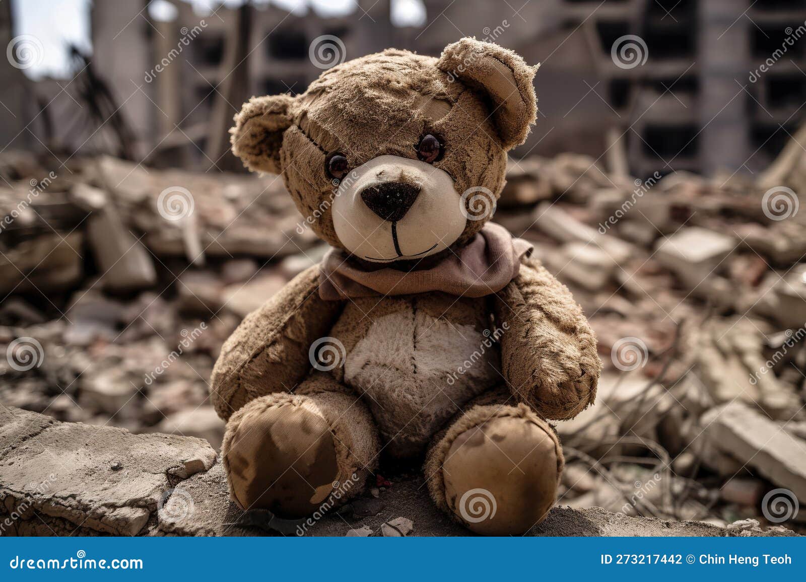 Teddy Bear Sitting on the Ruins of a Destroyed Building. Selective ...