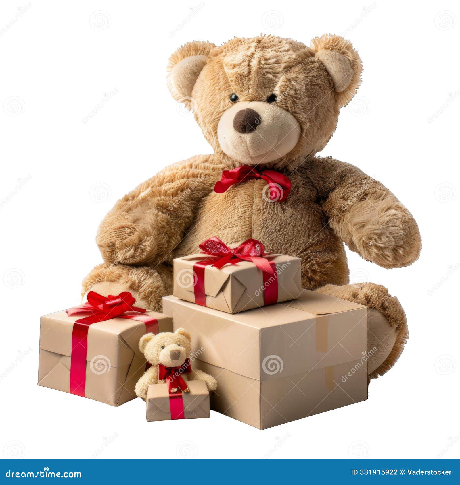Teddy Bear Sitting on Stack of Gifts with Red Ribbons Stock Photo ...