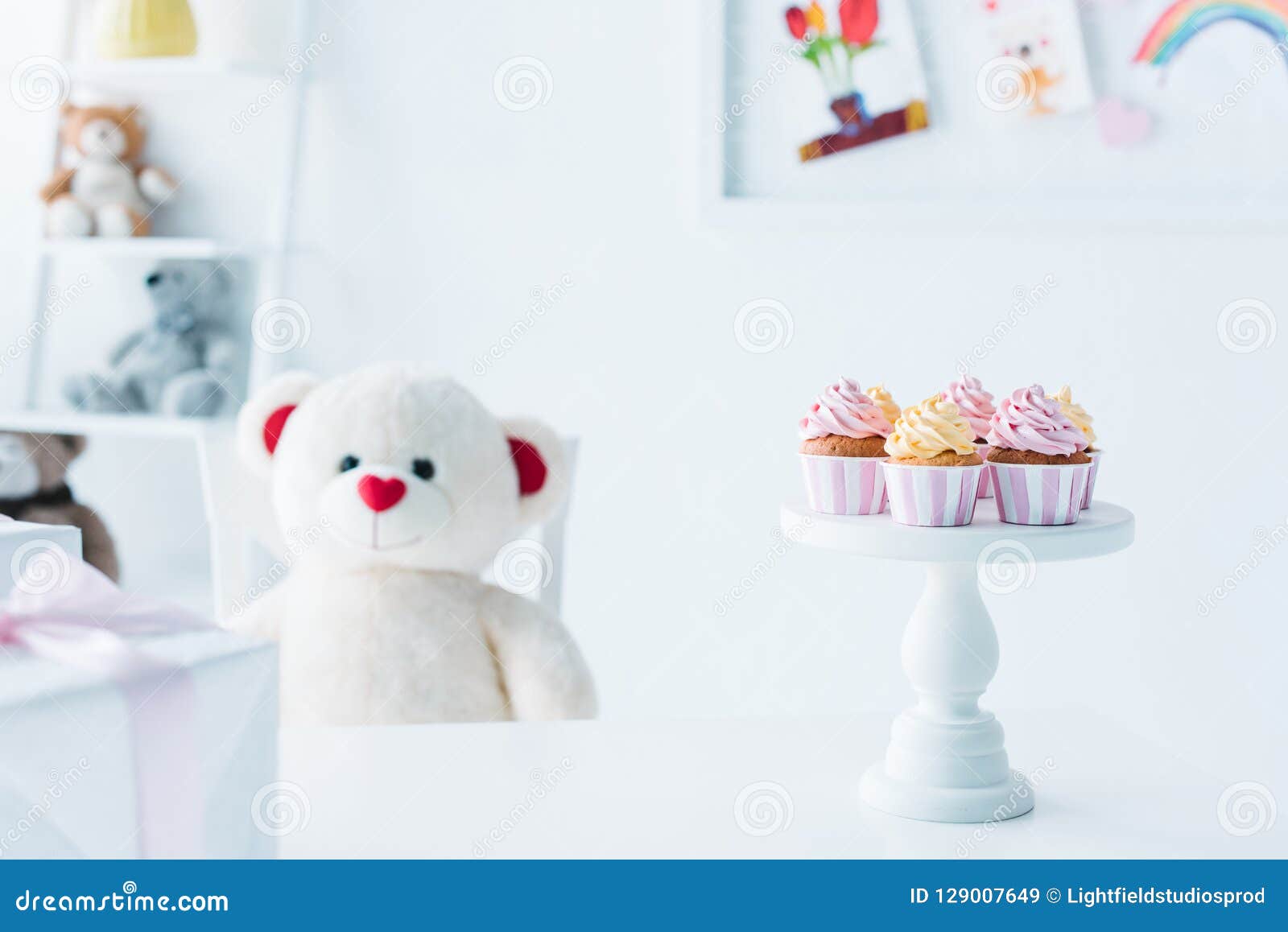 Teddy Bear Sitting at Table with Cupcakes Stock Image - Image of ...