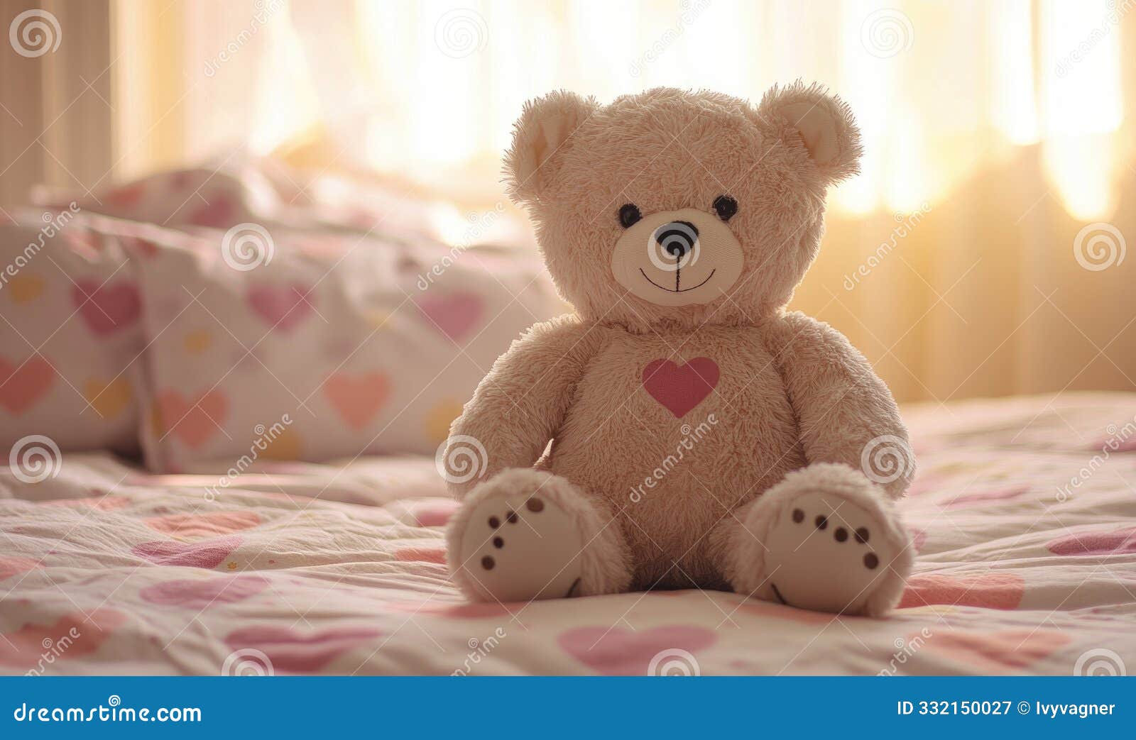 Teddy Bear Sitting Upright on Bed, Colorful Bedding Stock Image - Image ...