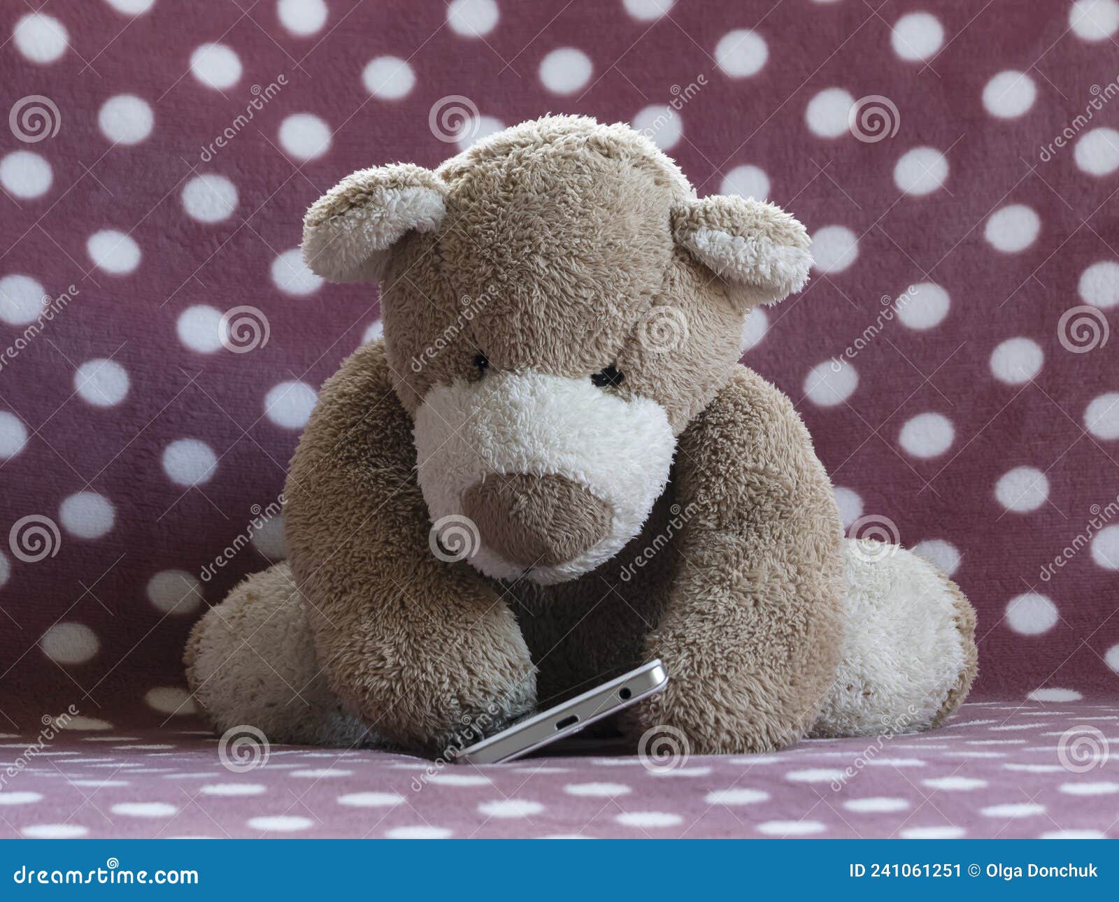 Teddy bear with smartphone stock image. Image of bear - 241061251