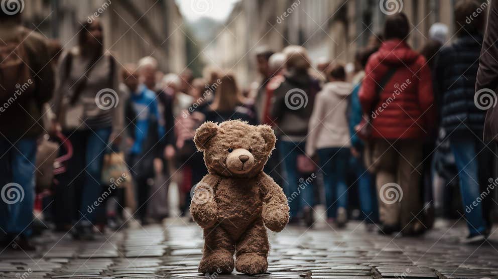 A Teddy Bear Stands in a Crowded Pedestrian Zone Stock Illustration ...