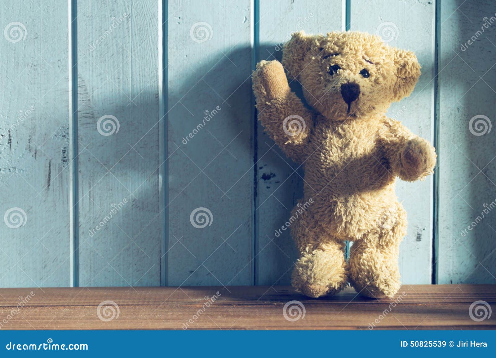 Teddy Bear Stands in Front of a Blue Wall Stock Image - Image of little ...