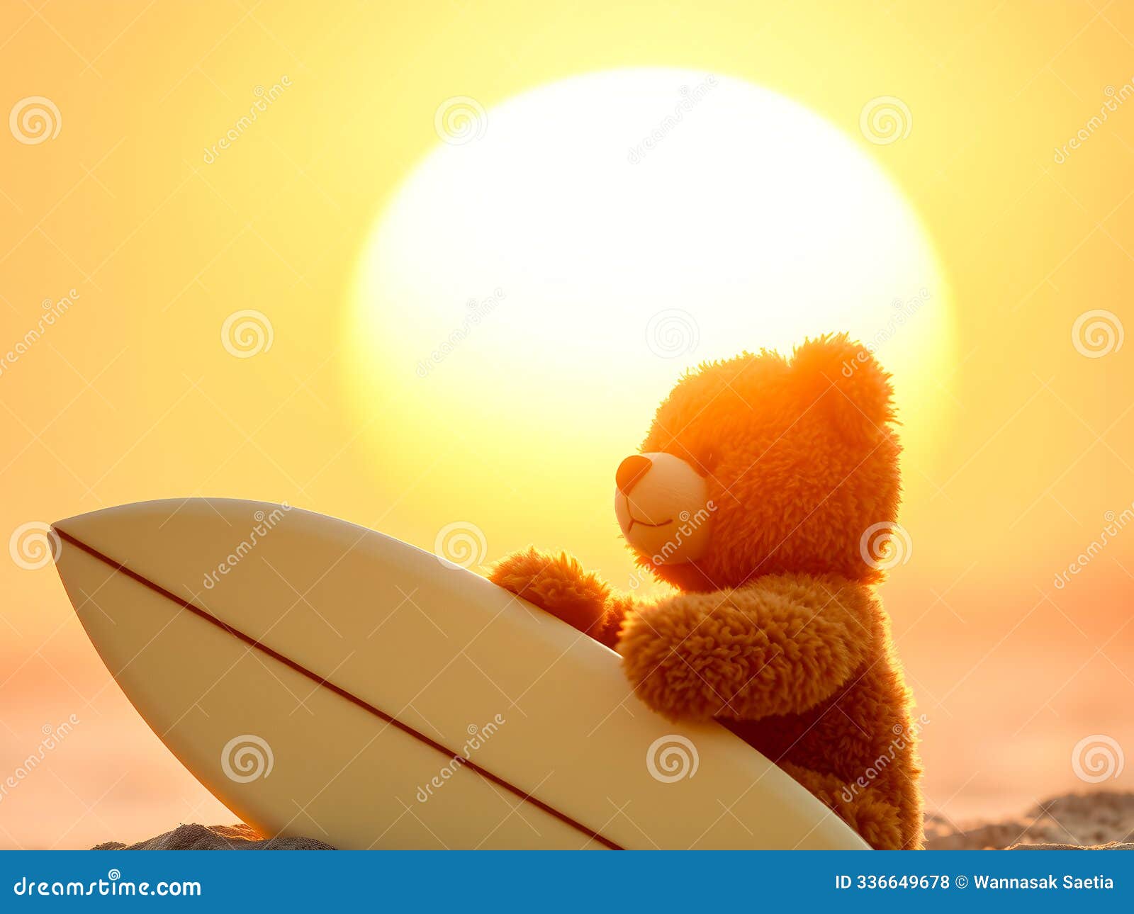 Teddy Bear with Surfboard on the Beach at Sunset Time. Stock Photo ...