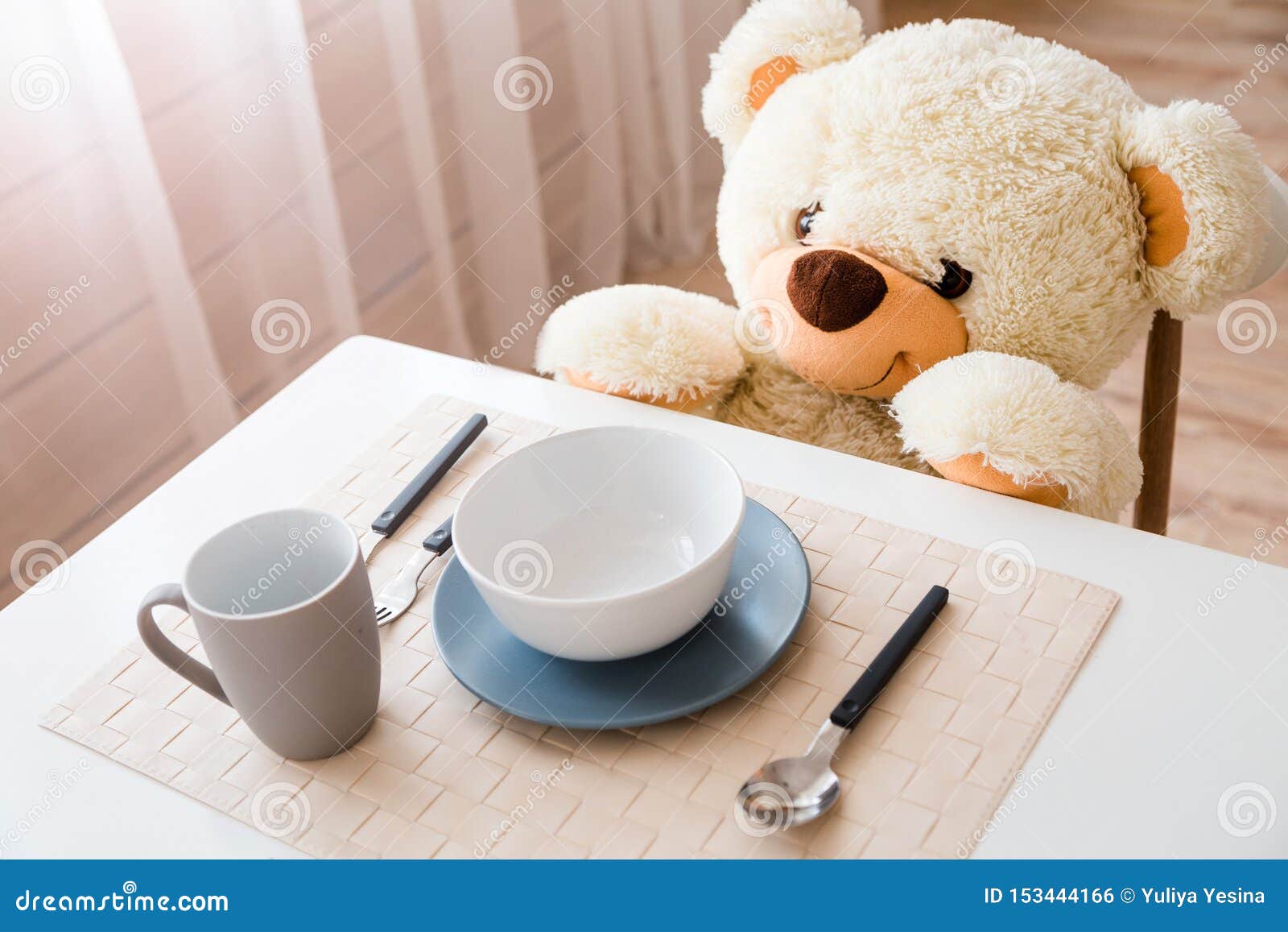 Teddy Bear at the Table. Breakfast for a Toy Bear Stock Photo - Image ...