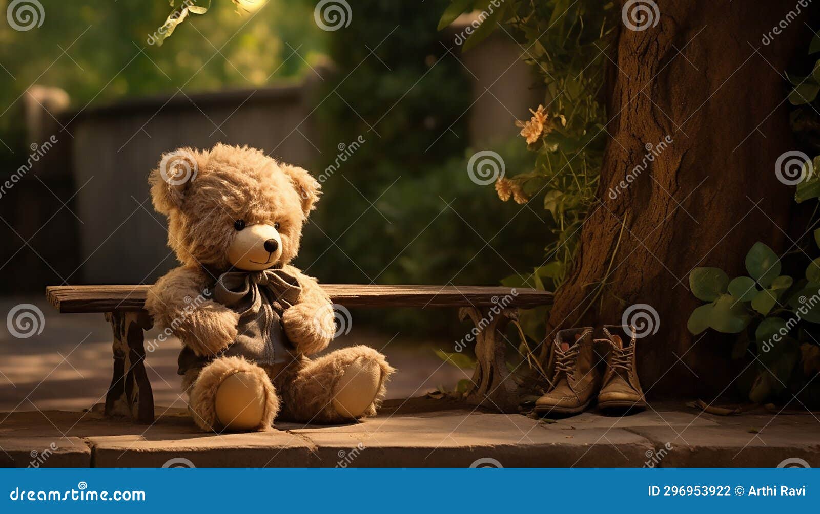 A Teddy Bear Toy, Seated on a Rustic Park Table Stock Illustration ...