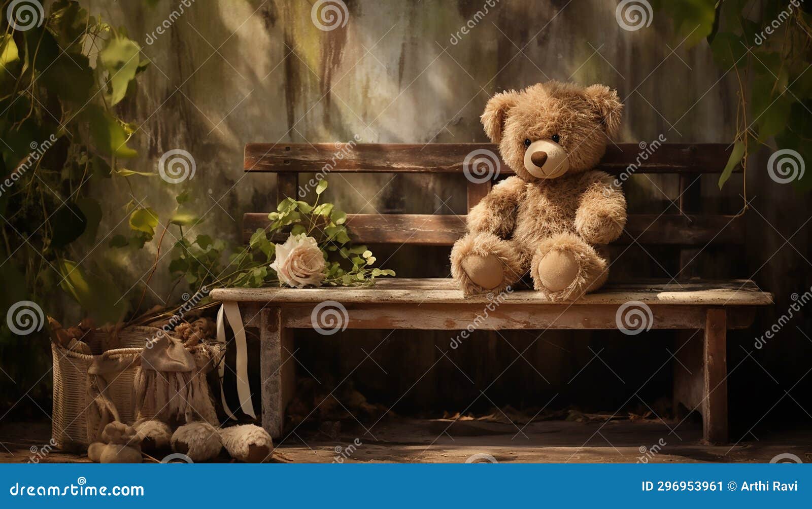 A Teddy Bear Toy, Seated on a Rustic Park Table Stock Illustration ...