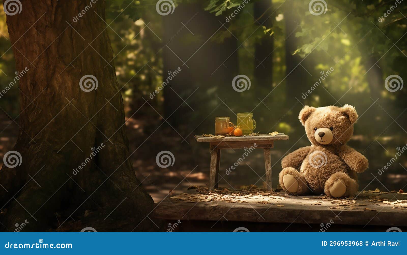 A Teddy Bear Toy, Seated on a Rustic Park Table Stock Illustration ...