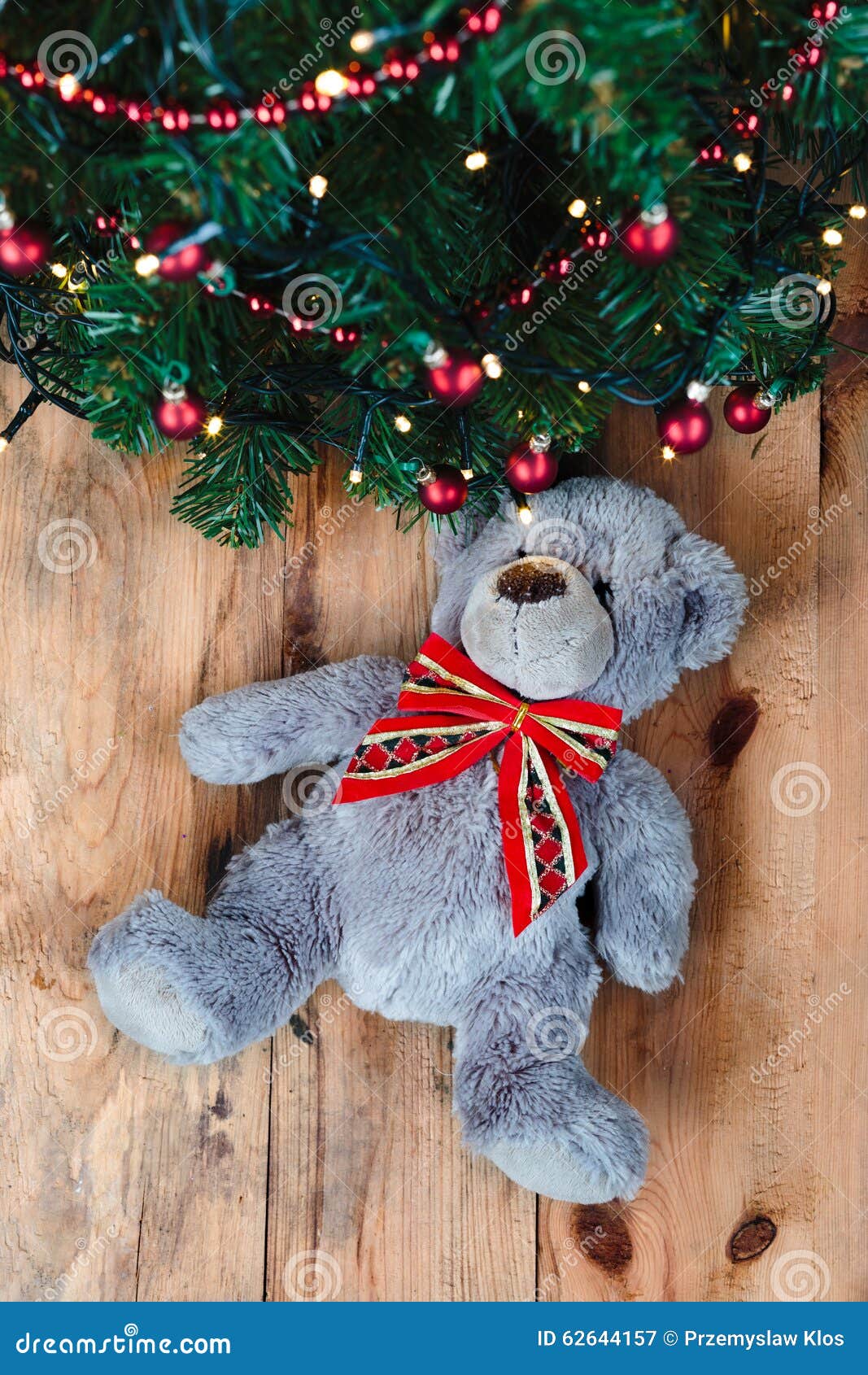 Teddy Bear Under the Christmas Tree Stock Image - Image of wooden ...