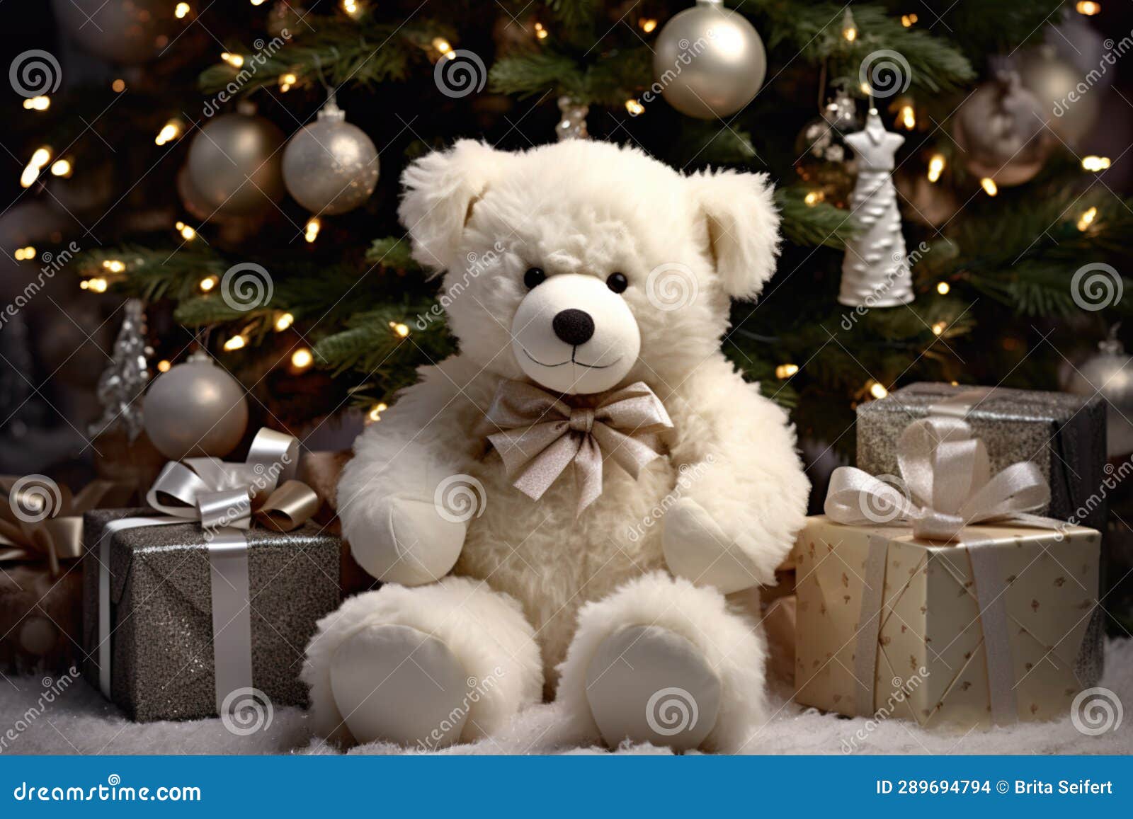 Teddy Bear and Wrapped Presents Under the Decorated Christmas Tree ...
