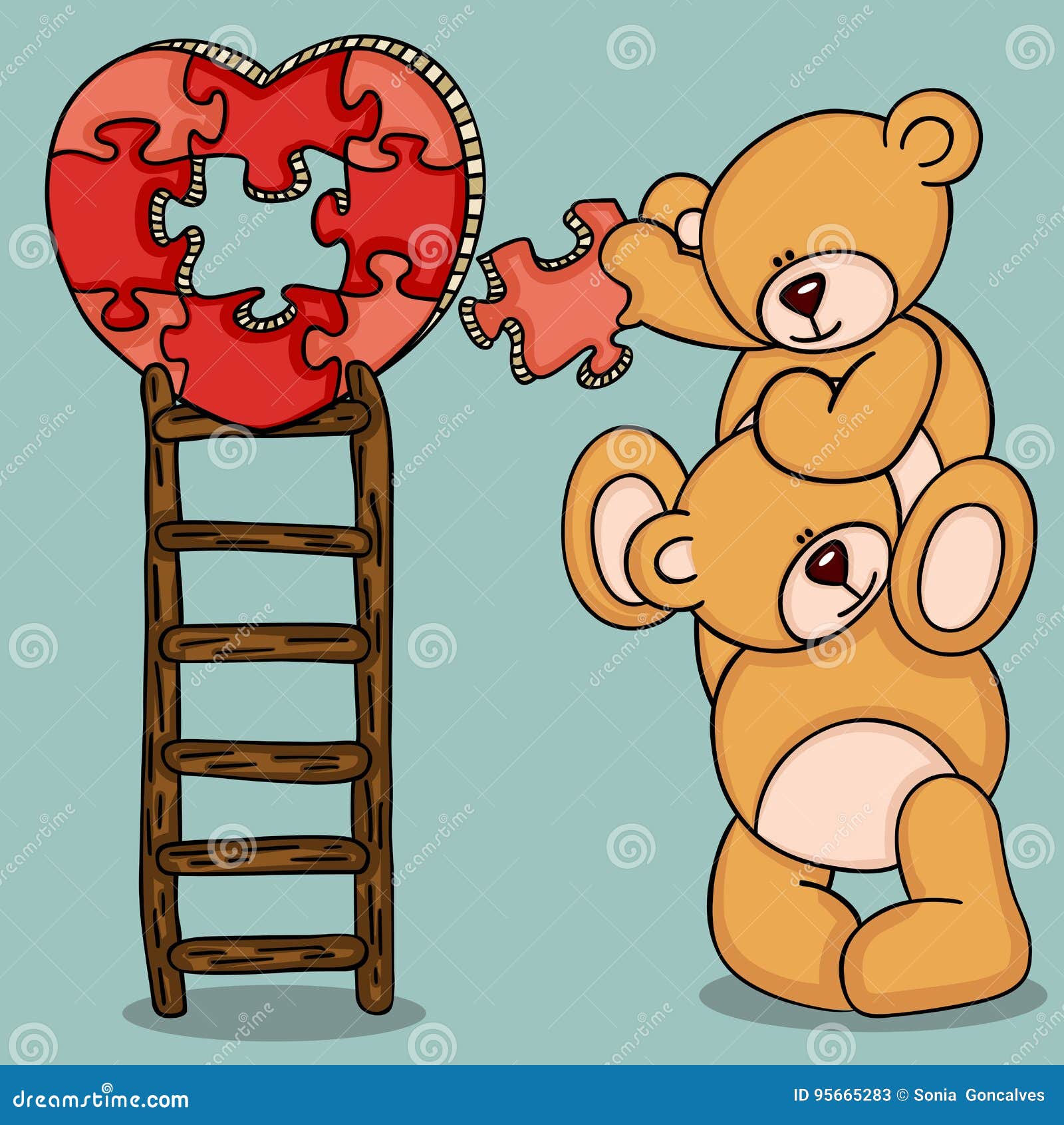 Teddy Bears with Heart Shaped Puzzle on Top Ladder Stock Vector ...