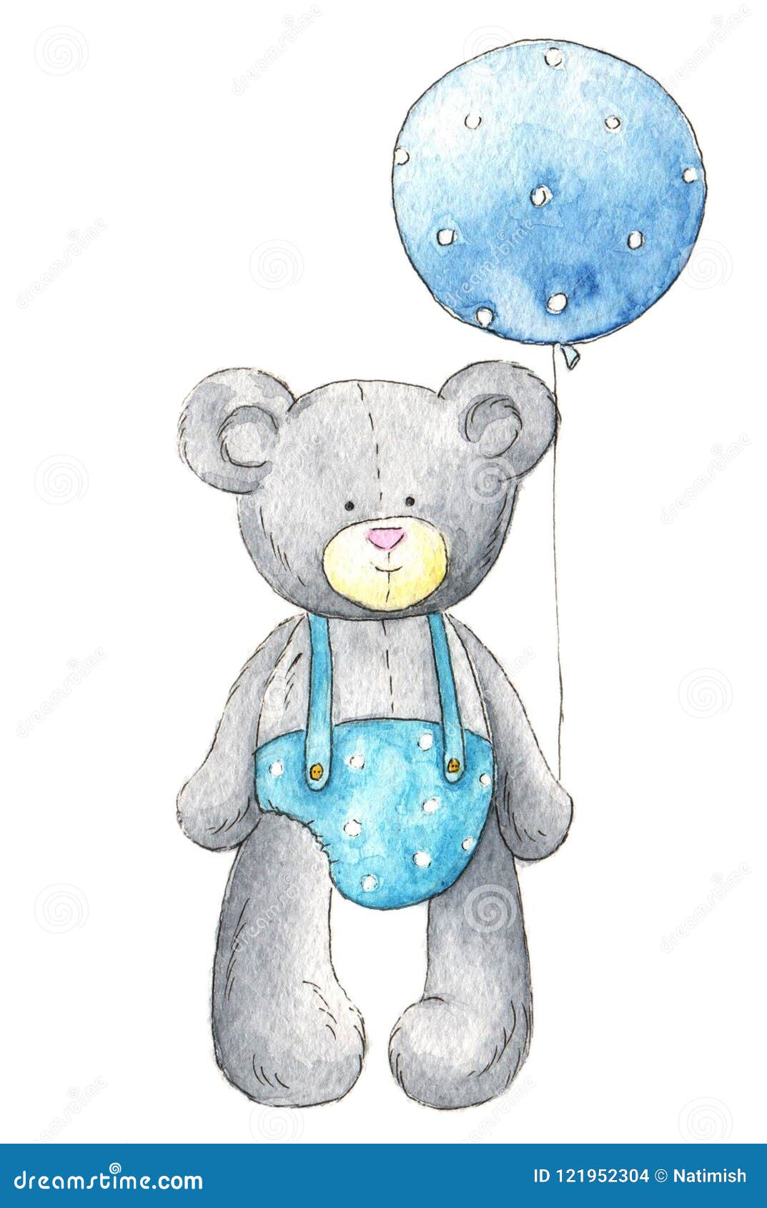 Teddybeer in Blauwe Kleren Met Blauwe Ballon Stock Illustratie - Illustration of geboren, kleren ...