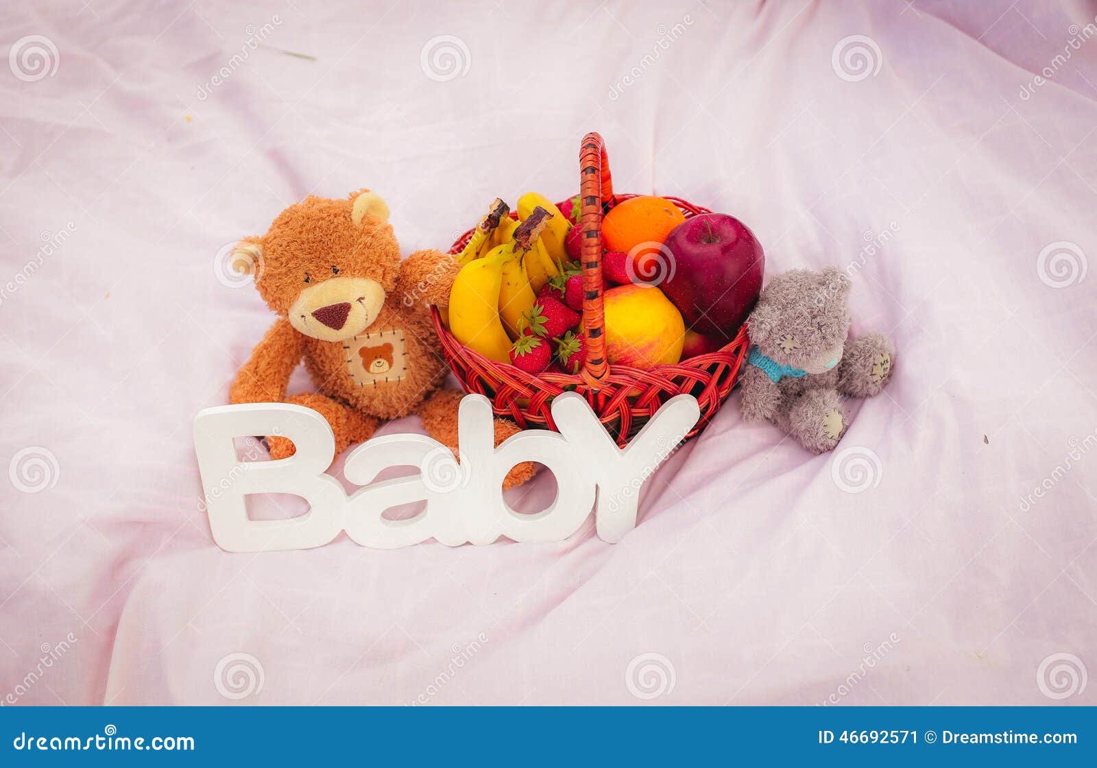 Teddyes with fruits stock image. Image of bear, present - 46692571