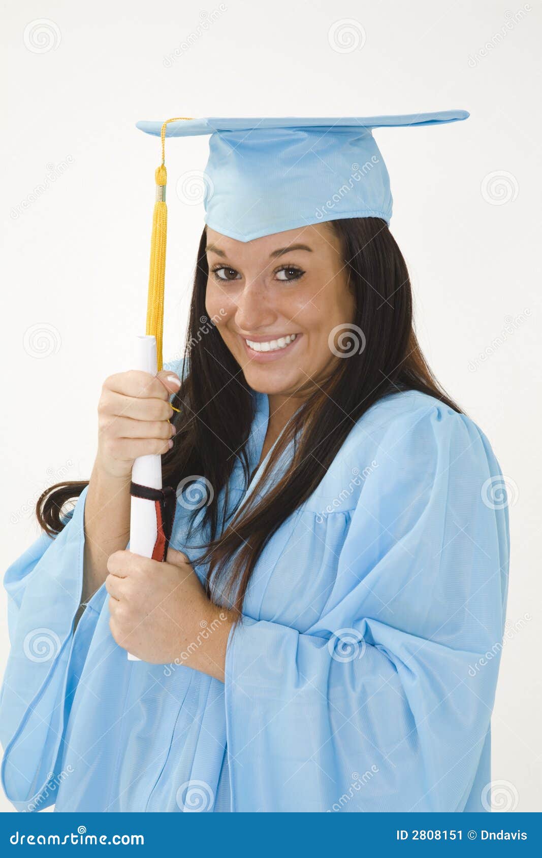 Beautiful Caucasian Woman Wearing a Blue Graduation Gown Holding ...