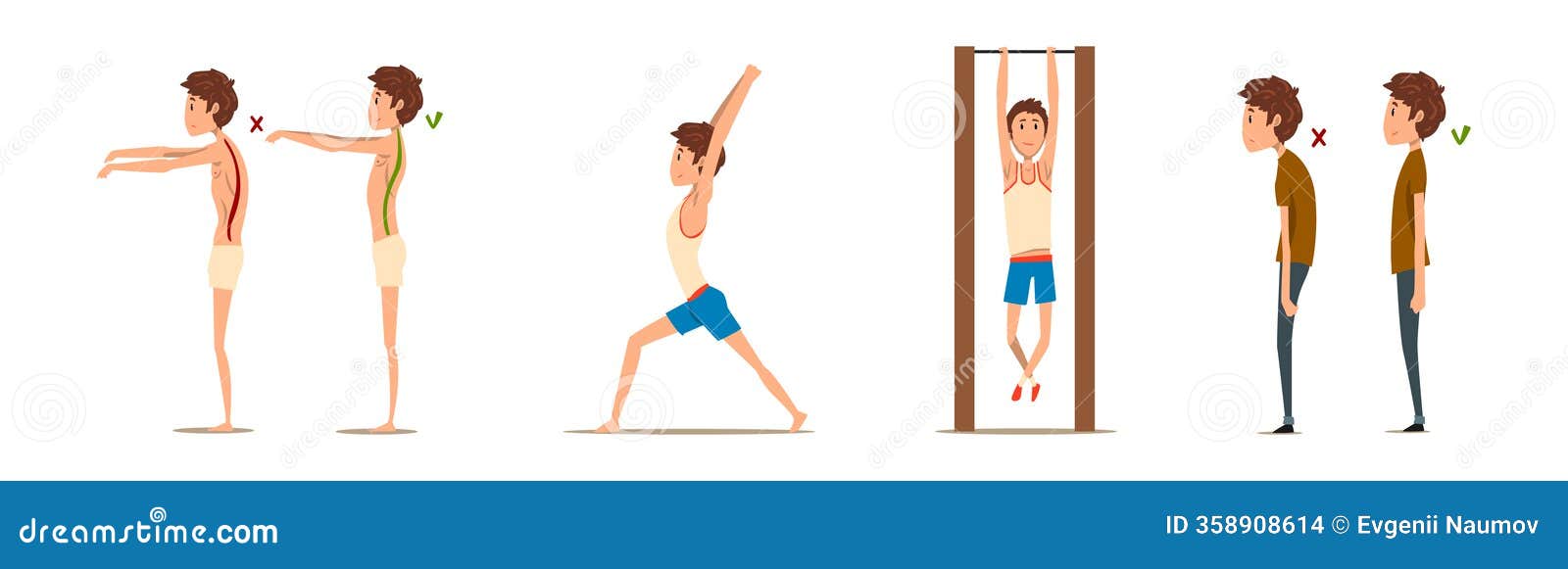 Teen Boy Doing Exercise with Correct and Wrong Spine Posture Vector Set ...