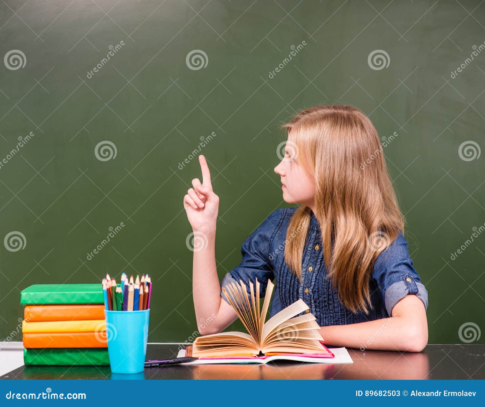 Teen Girl Points on Empty Green Chalkboard Stock Image - Image of child ...