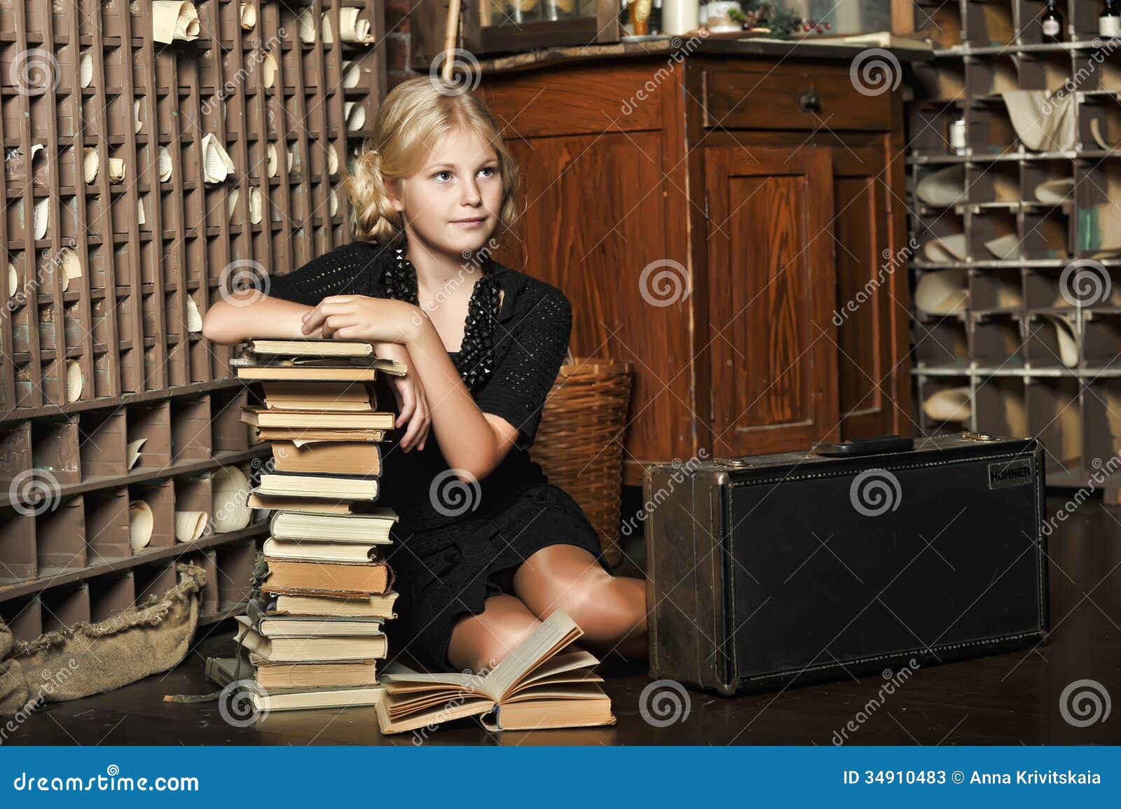 Teen Girl in Retro Style with a Stack of Books Stock Image - Image of ...