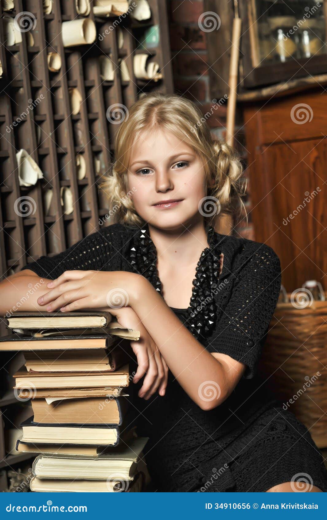 Teen Girl in Retro Style with a Stack of Books Stock Photo - Image of ...