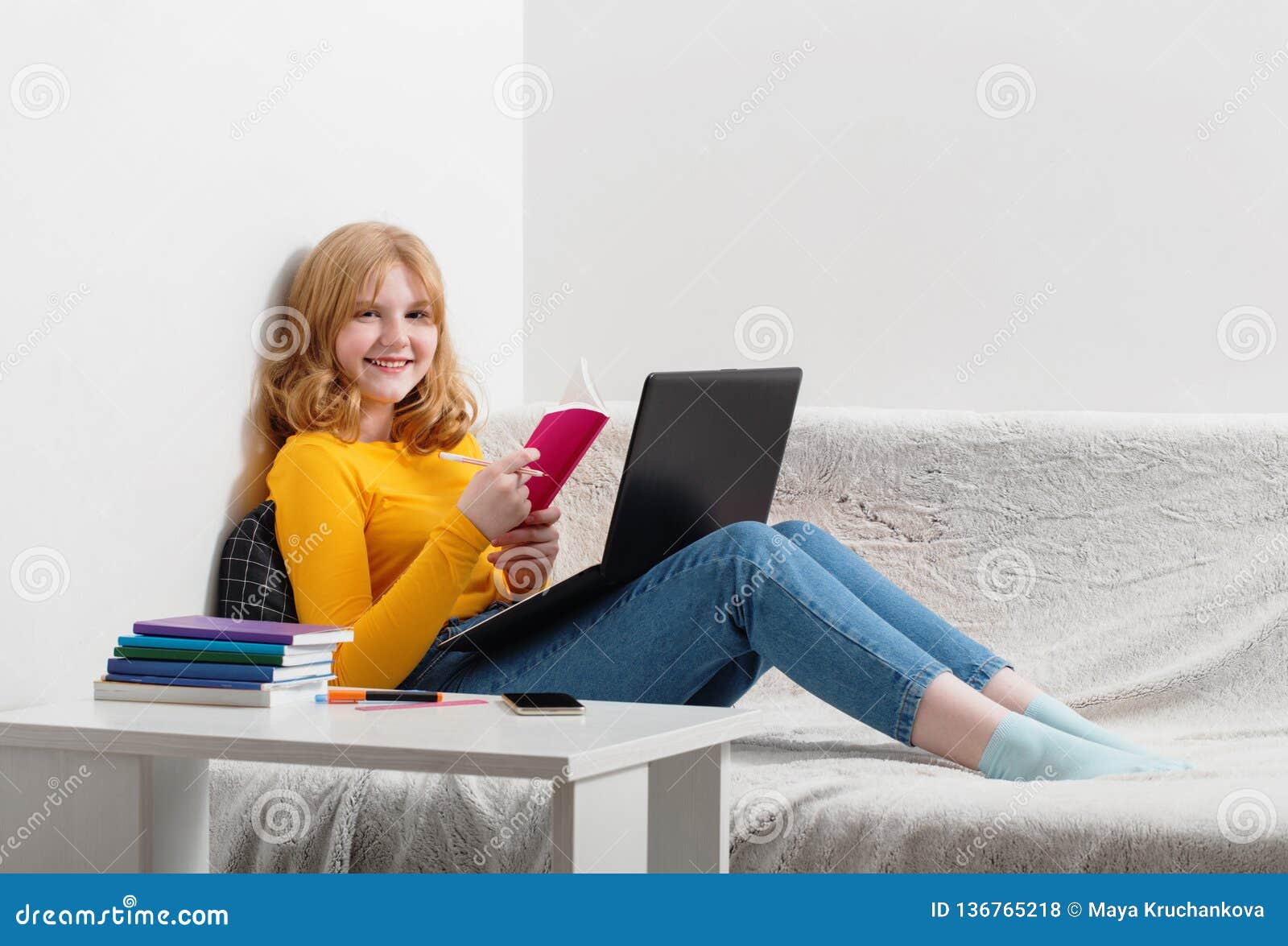 Teen Girl Learning with Notebook at Home. Online Education,e-learning ...